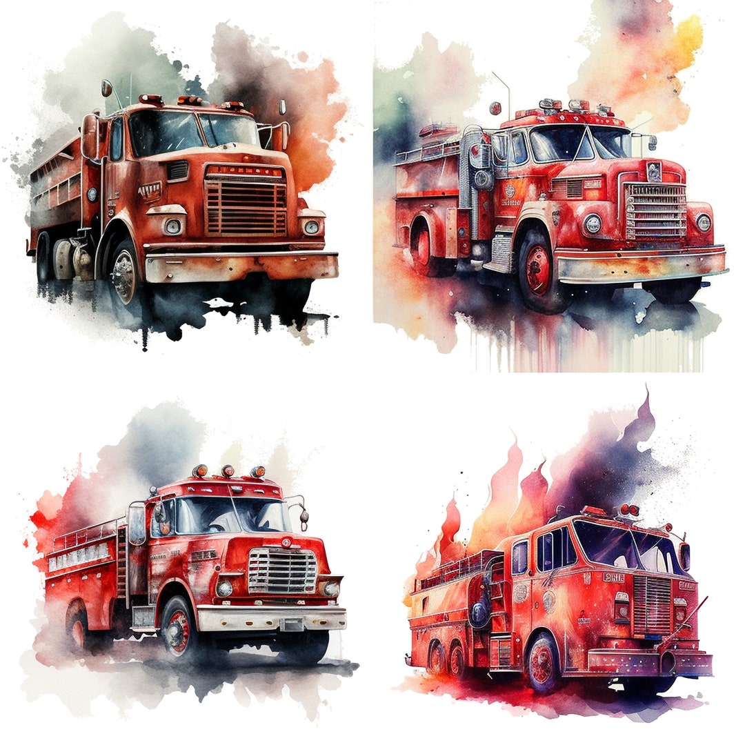 Watercolor Fire Truck Illustration, Fire Truck PNG Clipart, 4 Fireman ...