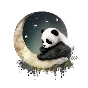 Watercolor Panda Crescent Moon Stars Nursery Decor, Space Theme Digital ...