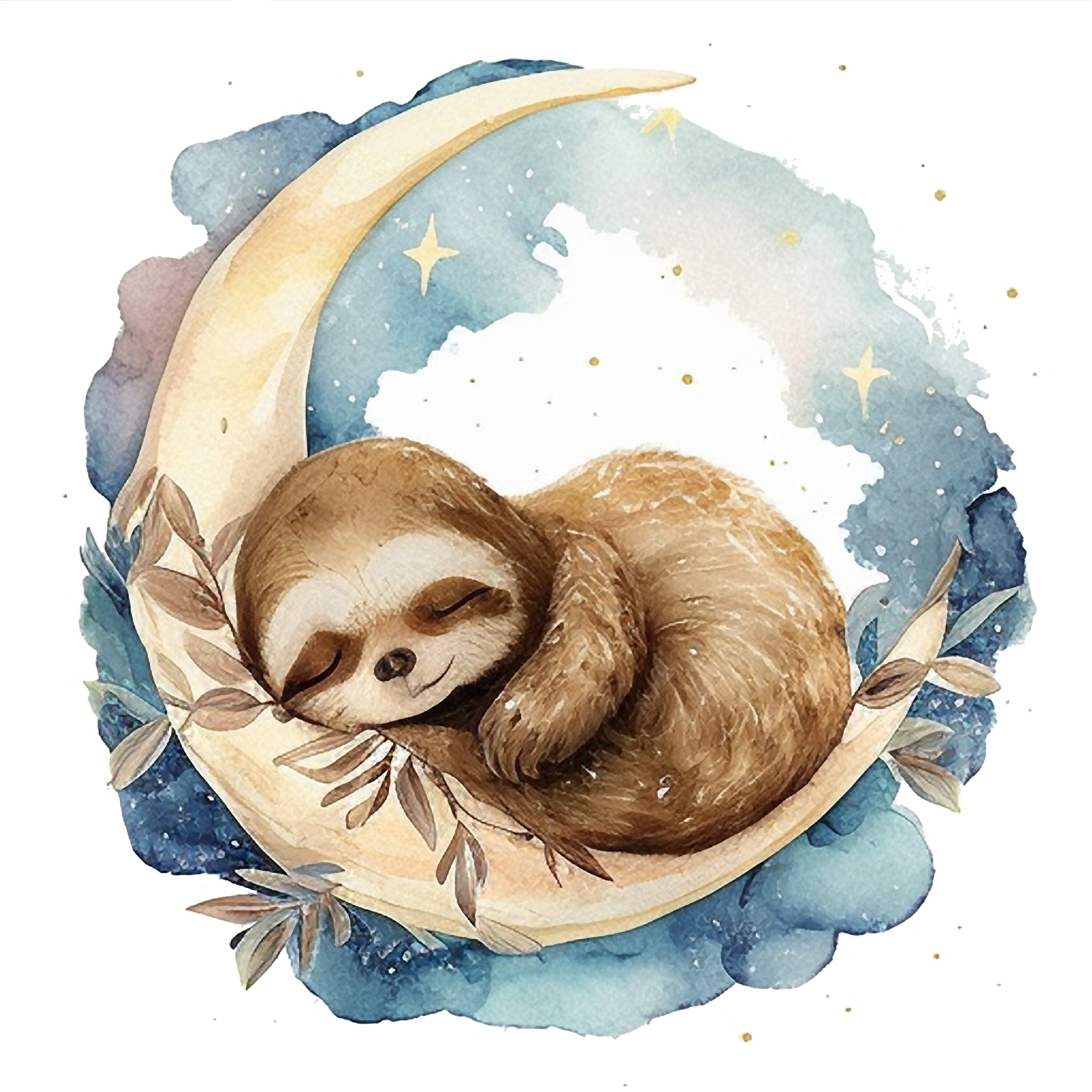 Watercolor Baby Sloth Cresent Moon Stars Gender-neutral Clindrens ...
