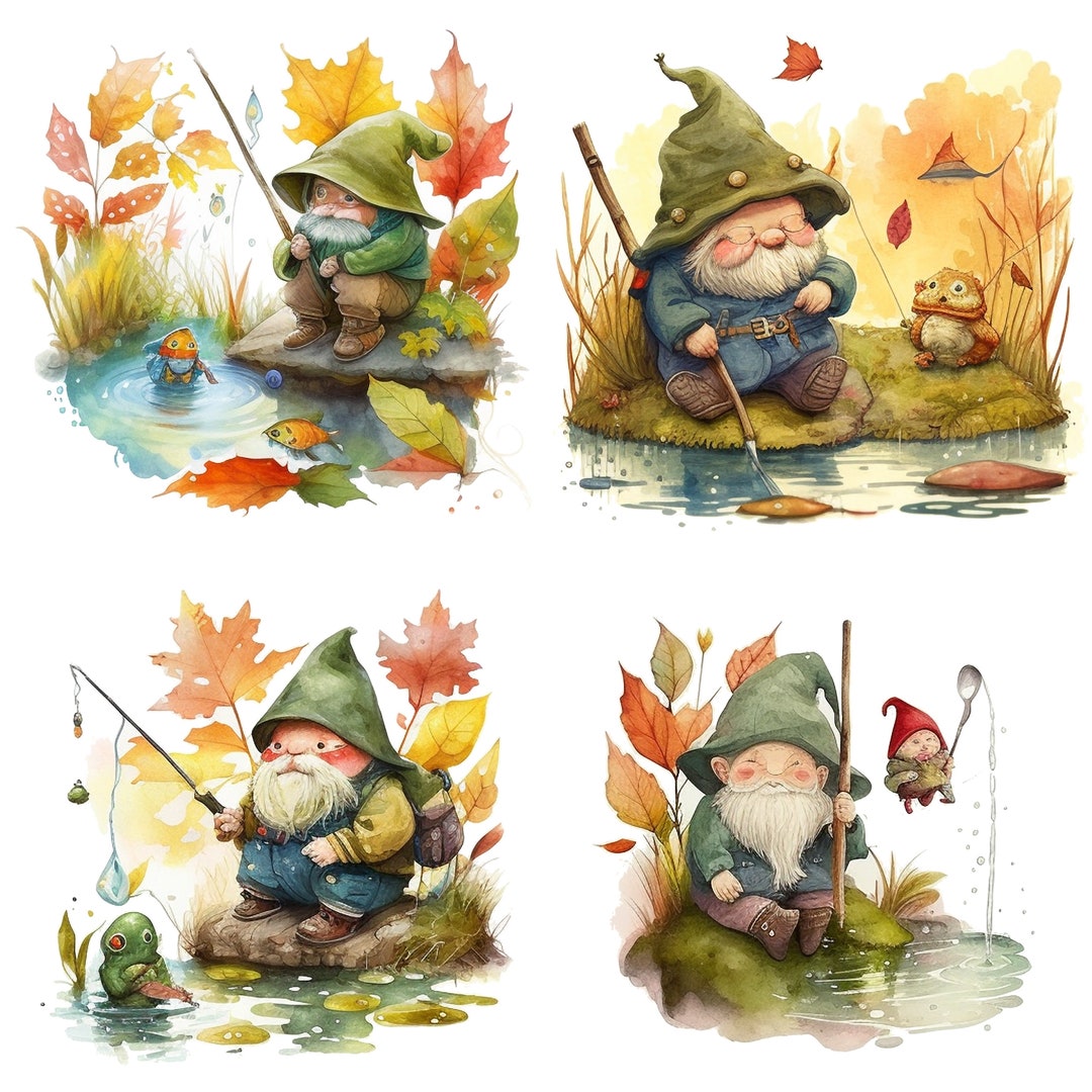 Set of 4 Cute Gnome Fishing Watercolor Clipart, Gnome Sublimation ...