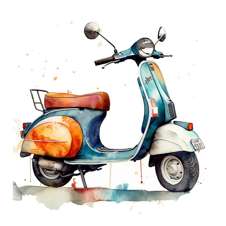 Set of 4 Watercolor Retro Vespa Motorbike Clipart PNG Digital Download ...
