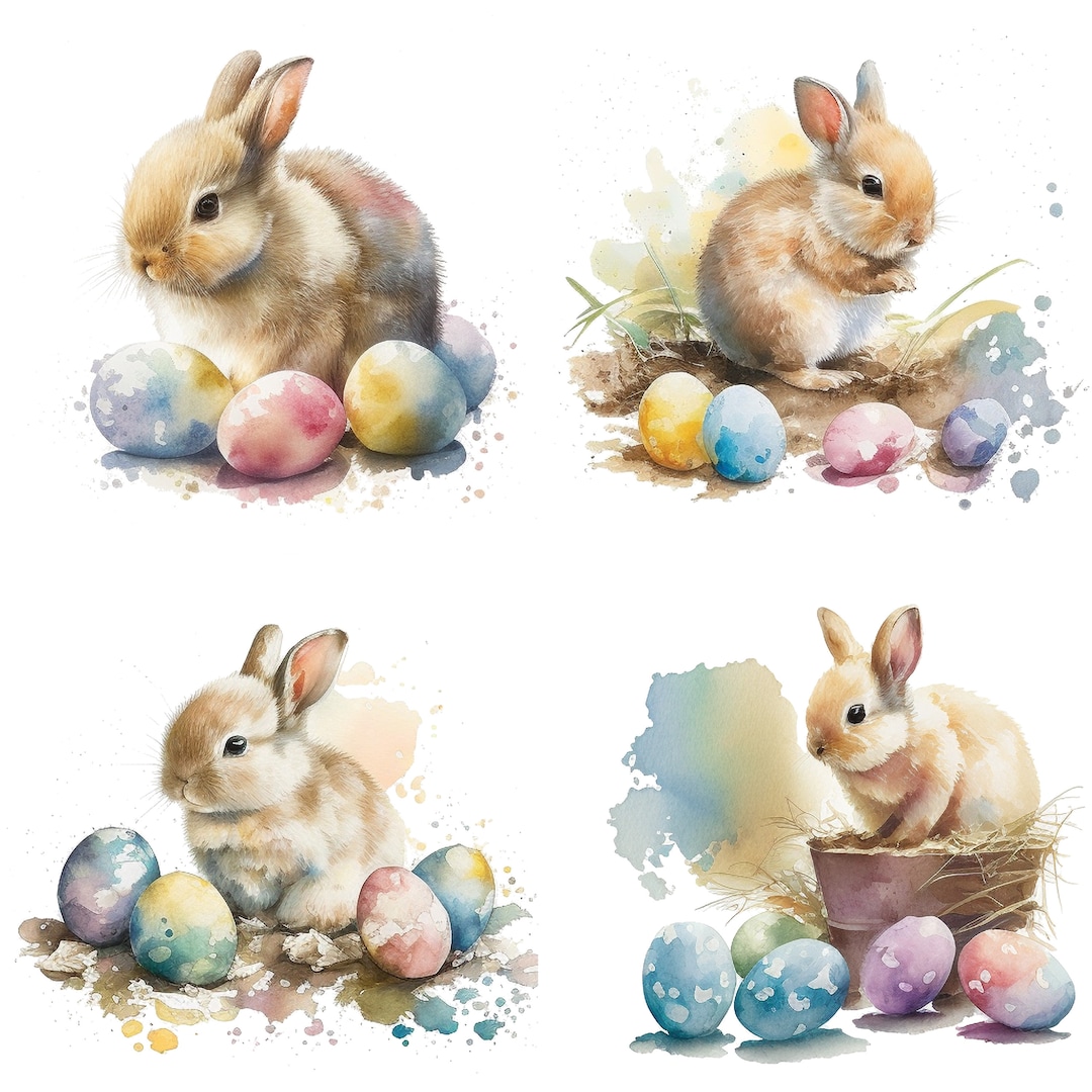 Watercolor Baby Bunny With Colored Eggs Clipart PNG - Easter ...