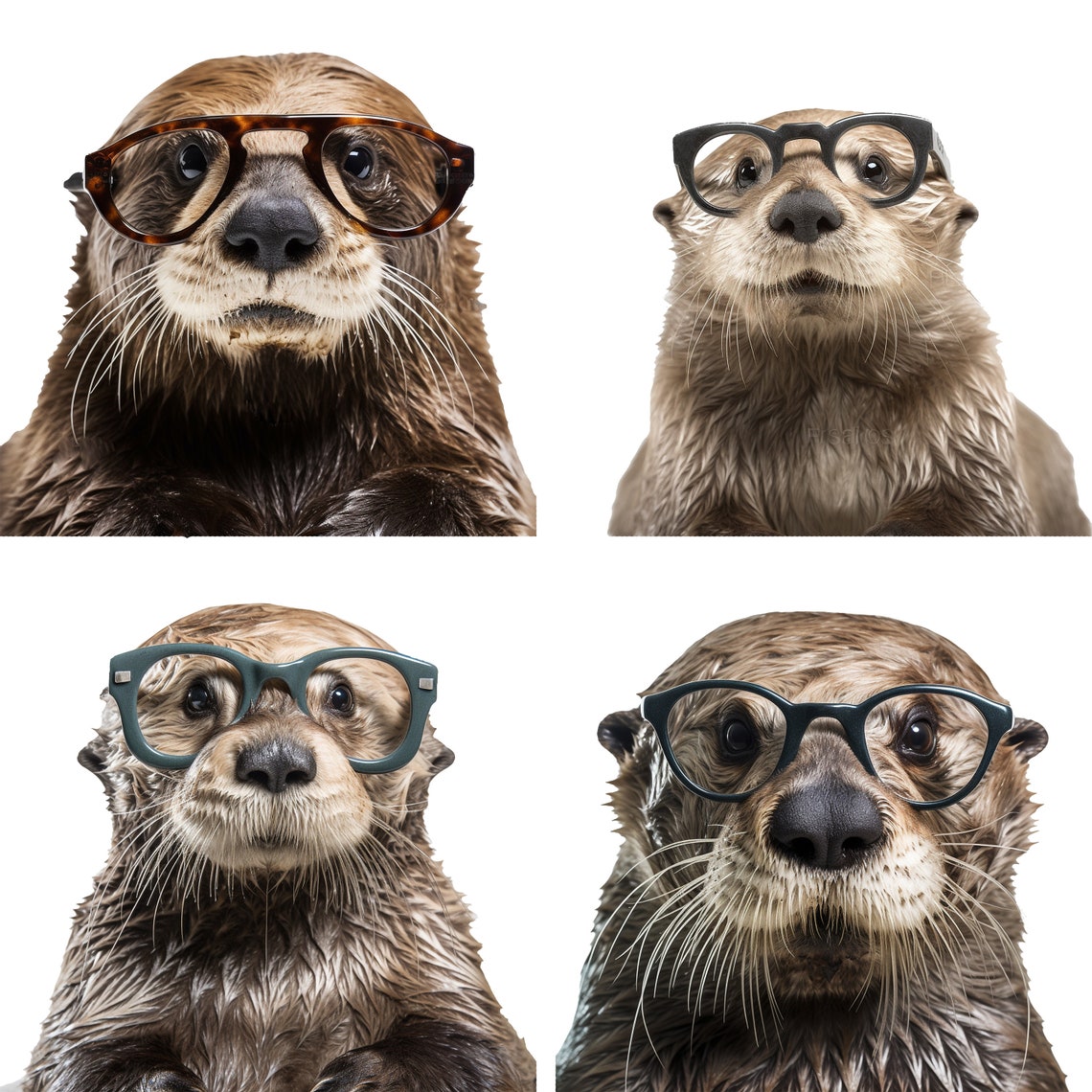 Cute Otter in Glasses Set of 4 Portraits PNG Set - Otter Clipart for ...