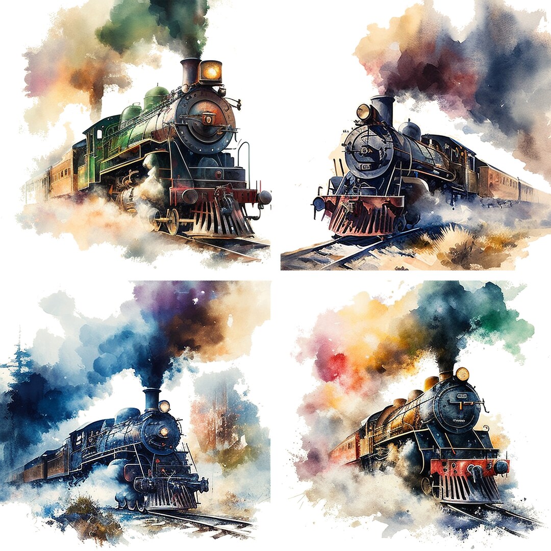 Set of 4 Watercolor Steam Trains, Train Sublimation Steam Engine Choo ...