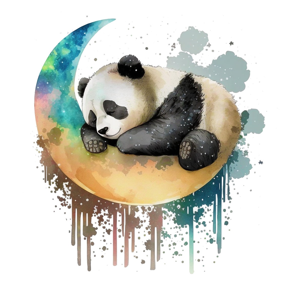 Watercolor Panda Crescent Moon Stars Nursery Decor, Space Theme Digital ...
