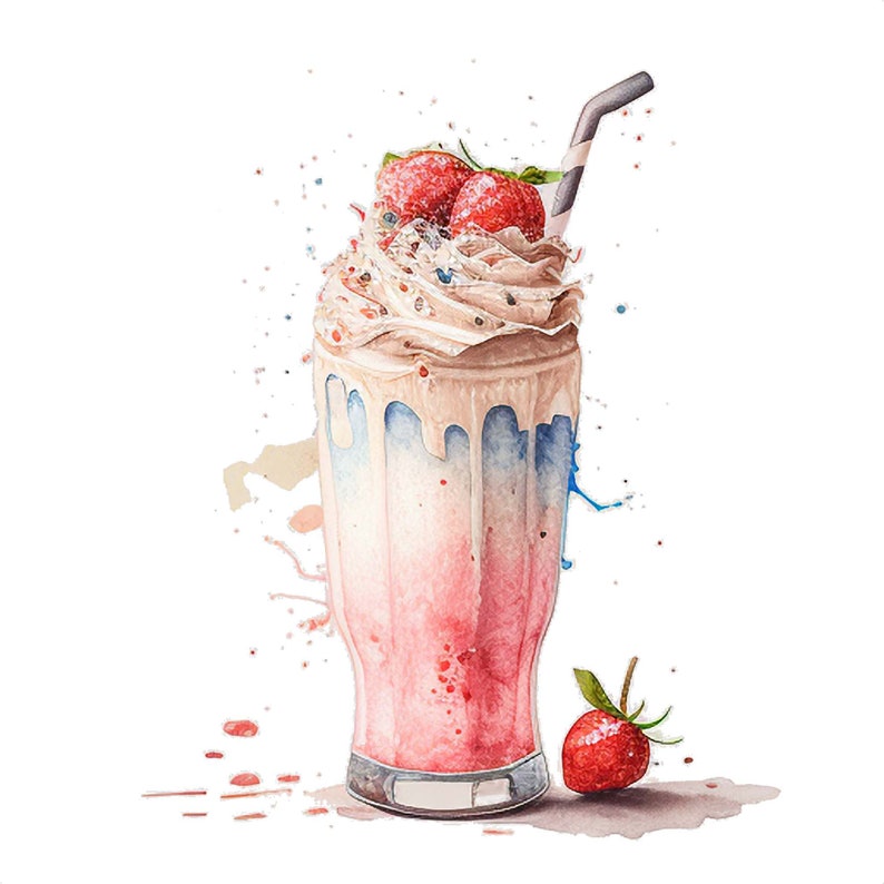 Watercolor Strawberry Milkshake Clipart Set of 4 PNG Files - Etsy