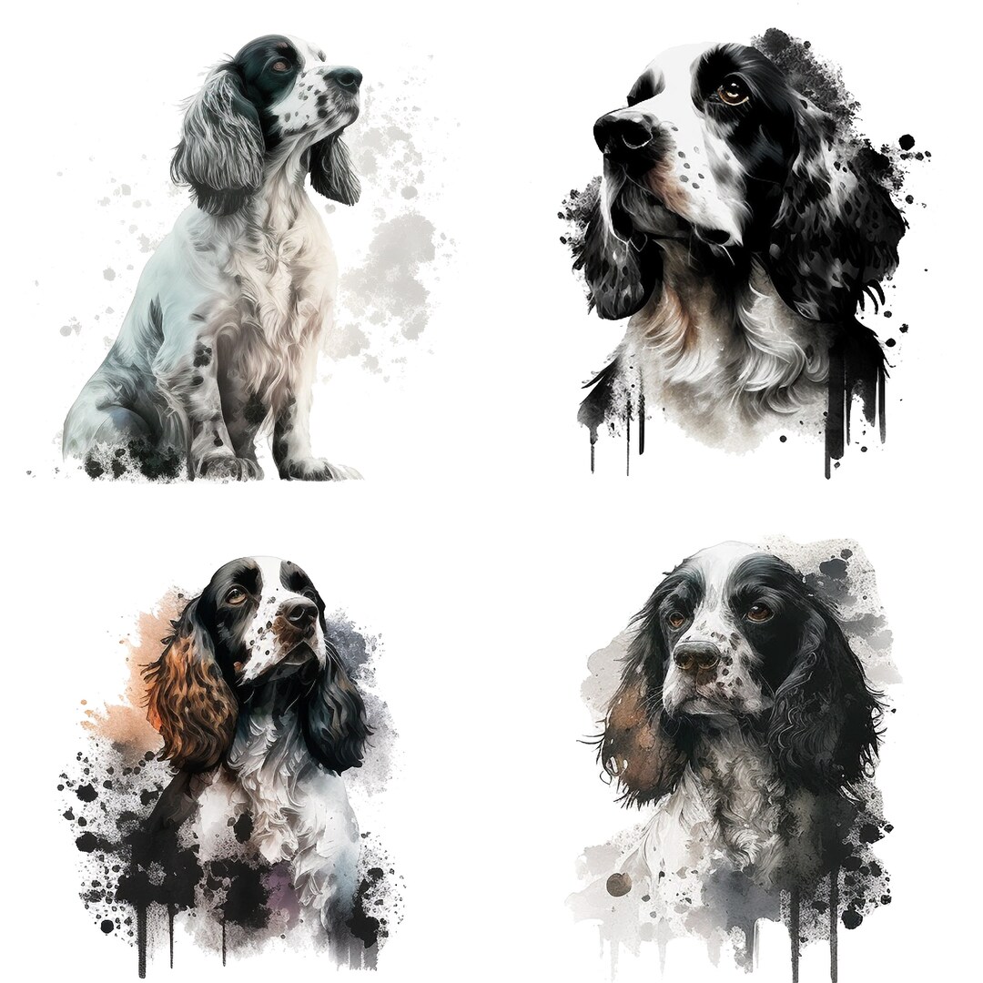 Cocker Spaniel Watercolor Pet Portrait Clipart Set - Black & White Dog ...