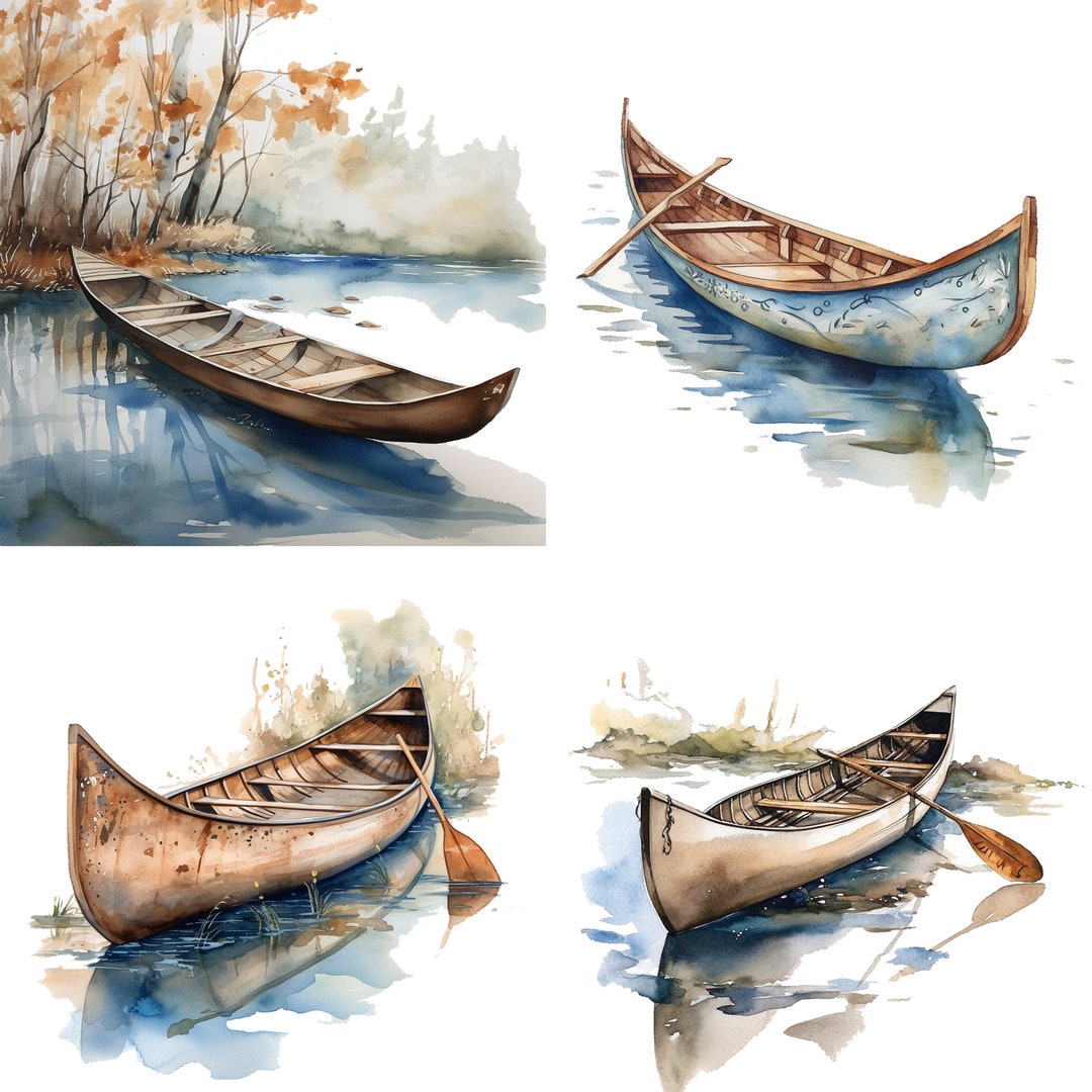 Canoe Watercolor Clipart Set of 4 PNG Files for Canoeing Hiking ...