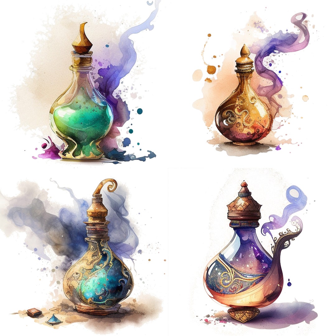 Set of 4 Watercolor Genie Bottle Clipart PNG Digital Download Files ...