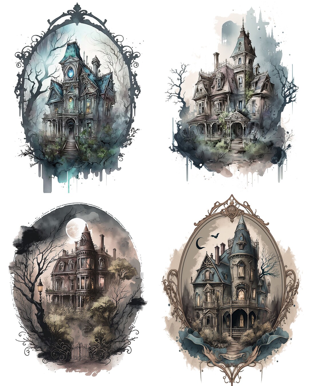 Haunted House Watercolor Clipart Haunted Mansion Print Spooky Wall Art ...