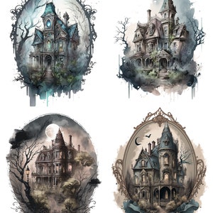 Haunted House Watercolor Clipart Haunted Mansion Print Spooky Wall Art ...