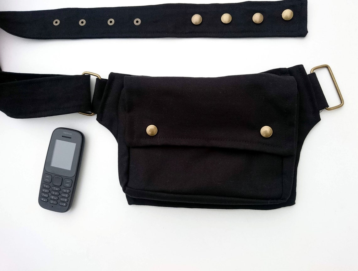 Waist Pocket With Snaps, Snap Fasteners Hip Bag, Black Fabric Bumbag ...