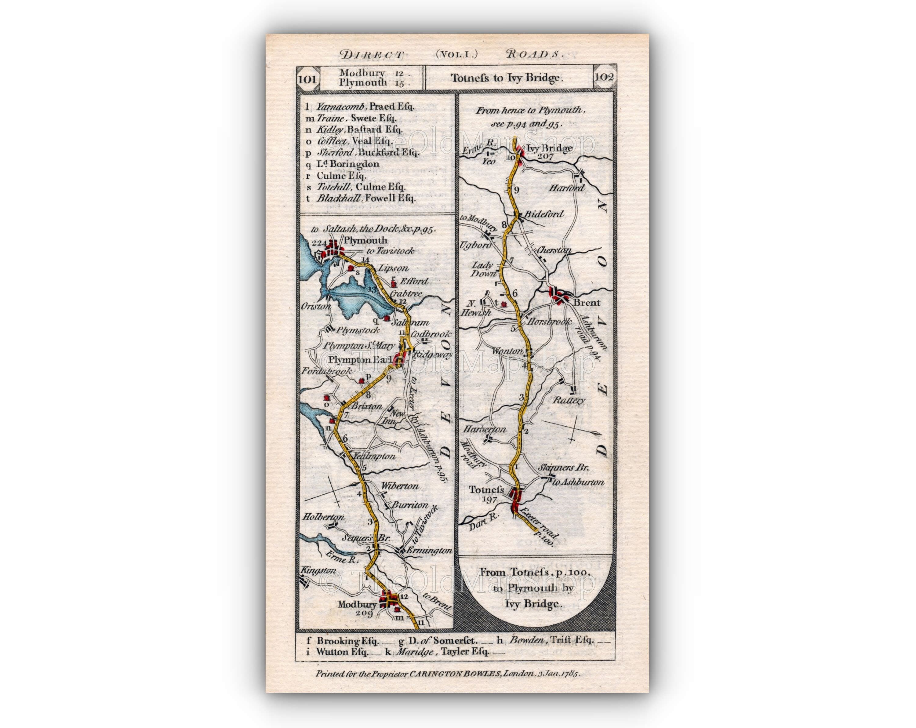 Antique Road Map Paterson 1785 Modbury Devon Yealmpton - Etsy UK