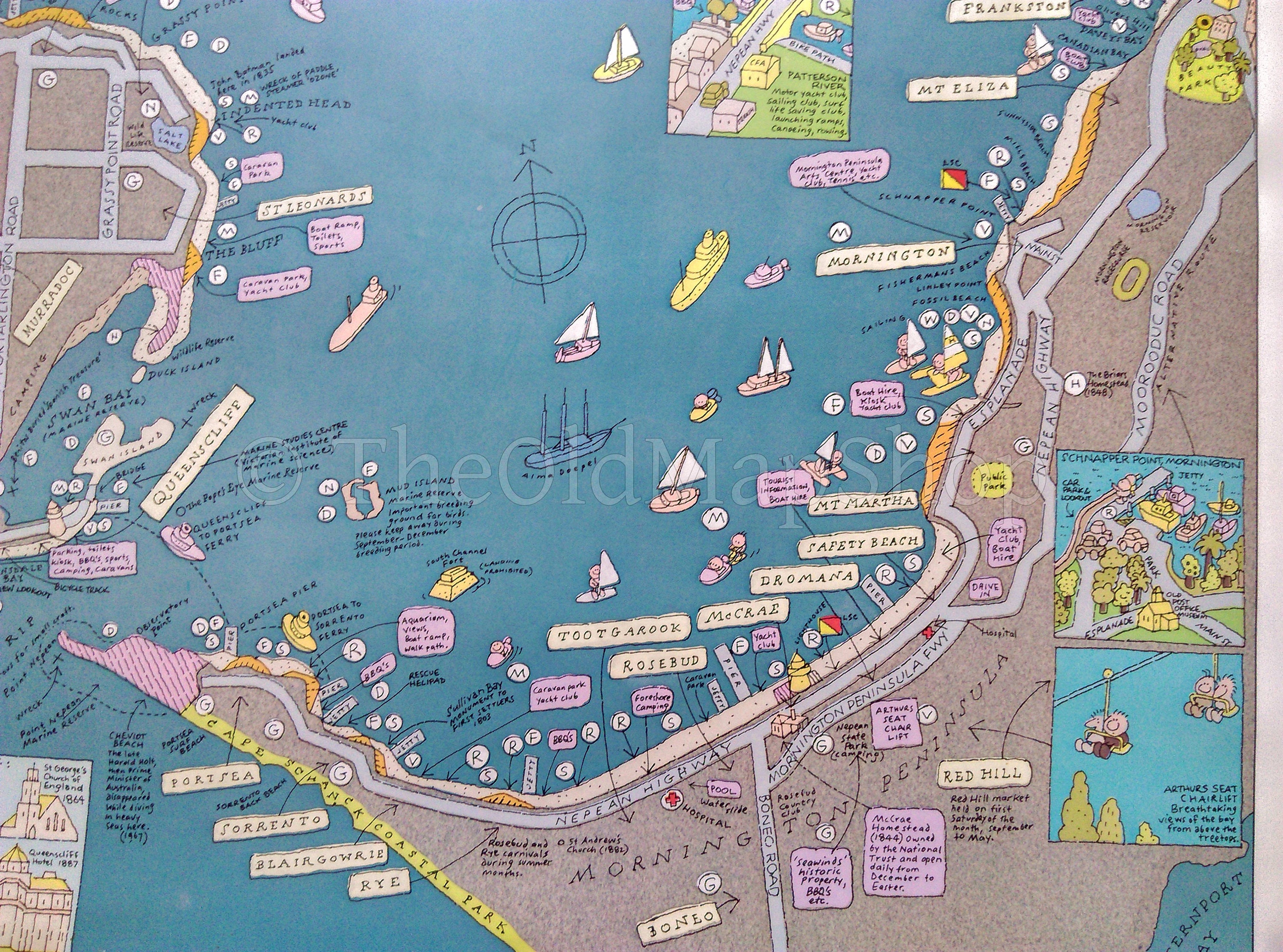C.1984 Port Phillip Bay Play Pictorial Map Melbourne Geelong Portsea ...