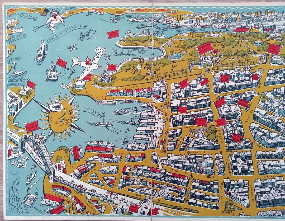 Rare 1948 Map of Sydney & Inhabitants Pictorial Bird's-eye View by ...