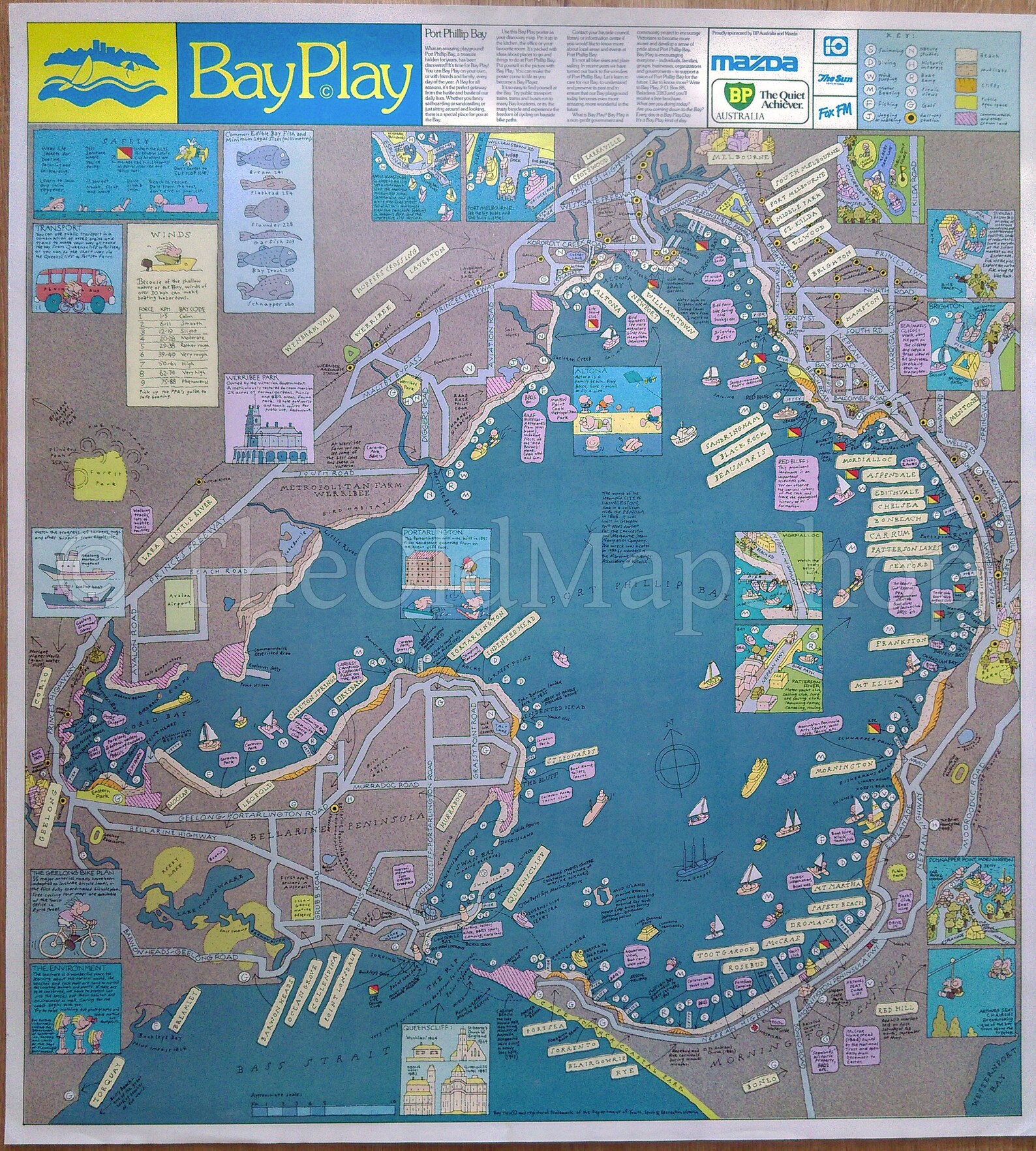 C.1984 Port Phillip Bay Play Pictorial Map Melbourne Geelong Portsea ...