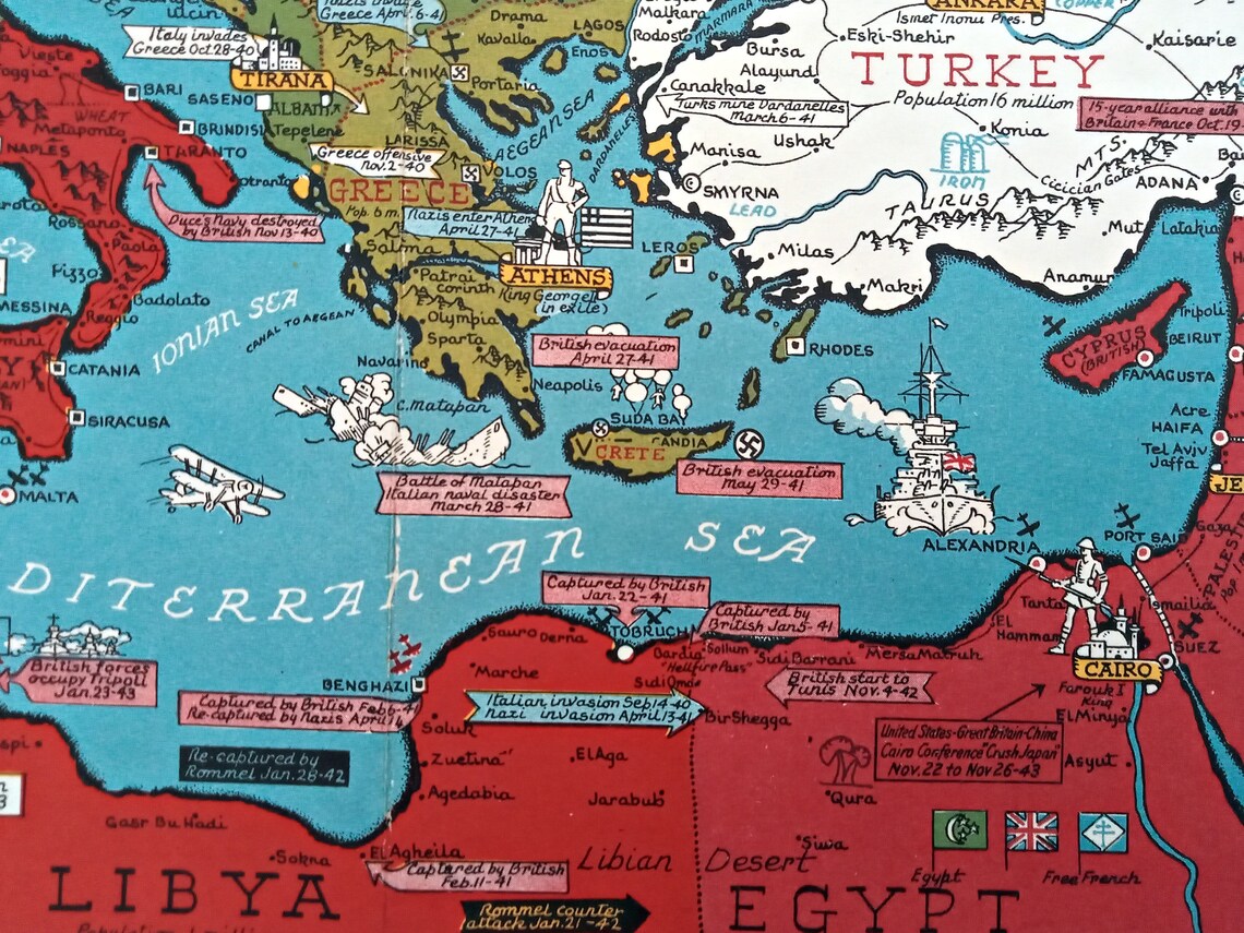 1944 Date Events World War Pictorial Map by Stanley Turner. - Etsy
