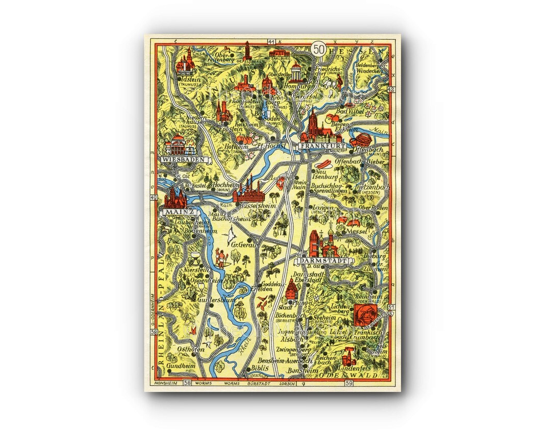 Leo Faller Germany Map 1956, Mainz, Wiesbaden, Frankfurt, Darmstadt ...