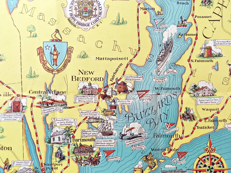 1937 Mount Hope Bridge Bristol Rhode Island Pictorial Map by H - Etsy