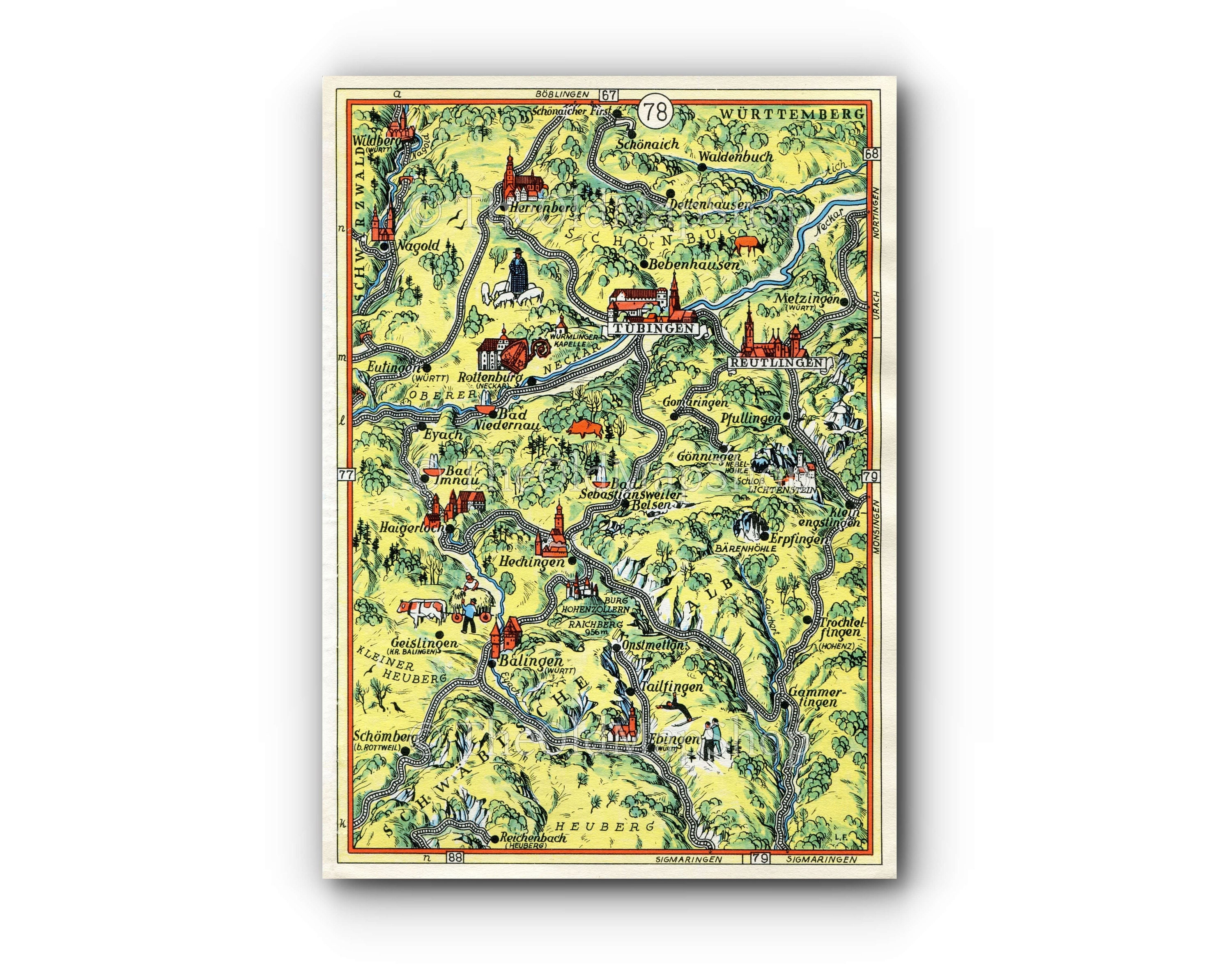 Leo Faller Germany Map 1956, Tubingen Reutlingen Rottenburg Pfullingen ...