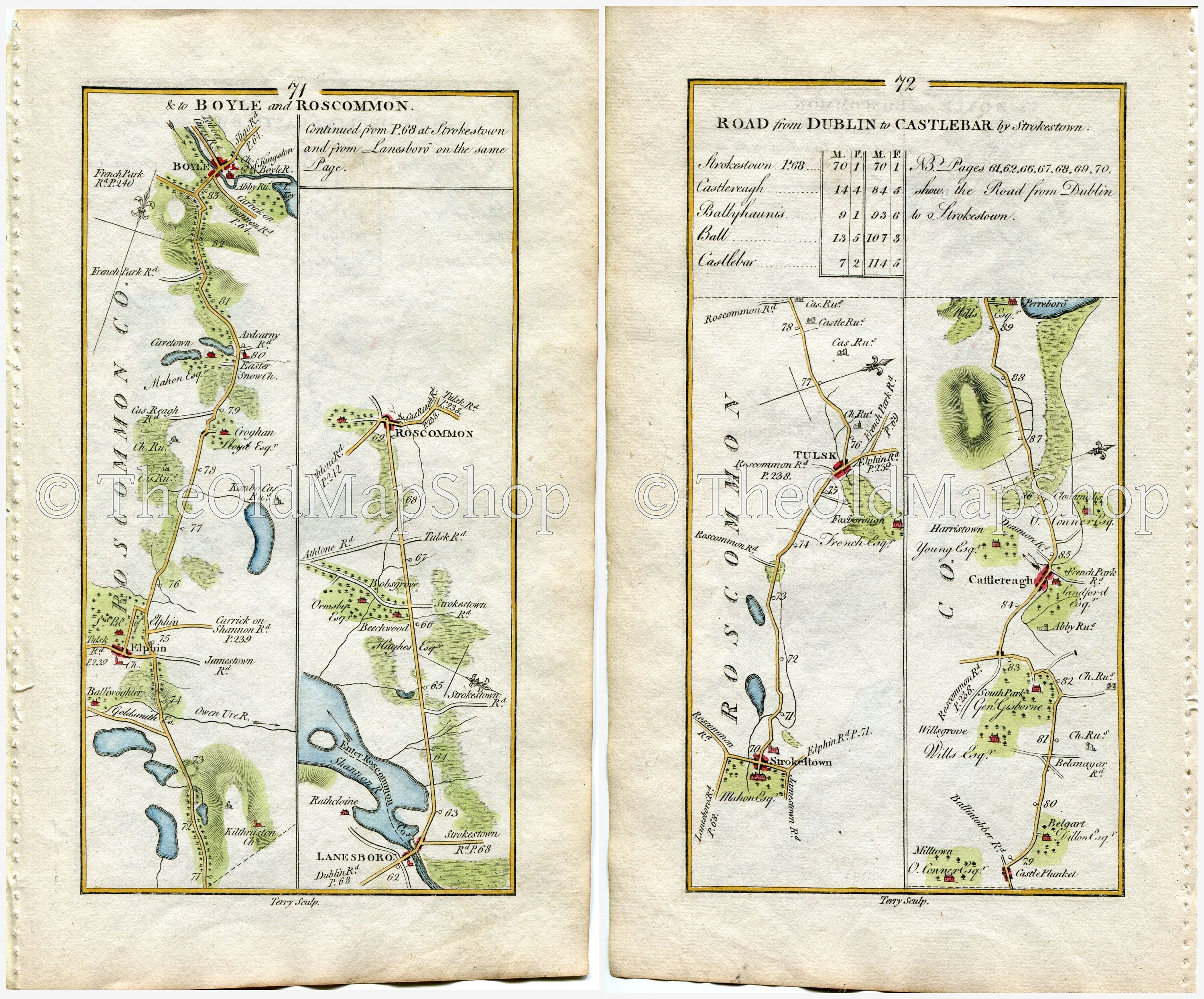 1778 Taylor & Skinner Antique Ireland Road Map 71/72 Elphin Boyle ...
