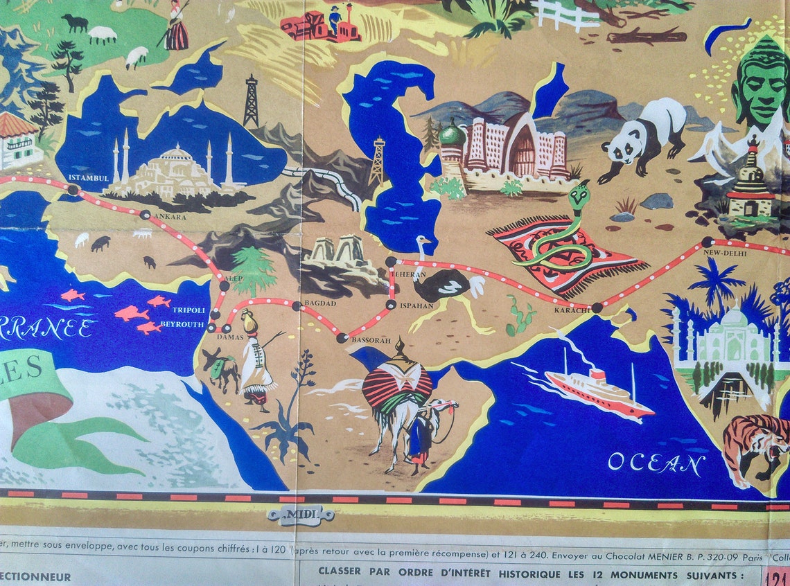 C.1956 Pictorial Map of Europe Asia by J B Jannot jan-loup | Etsy