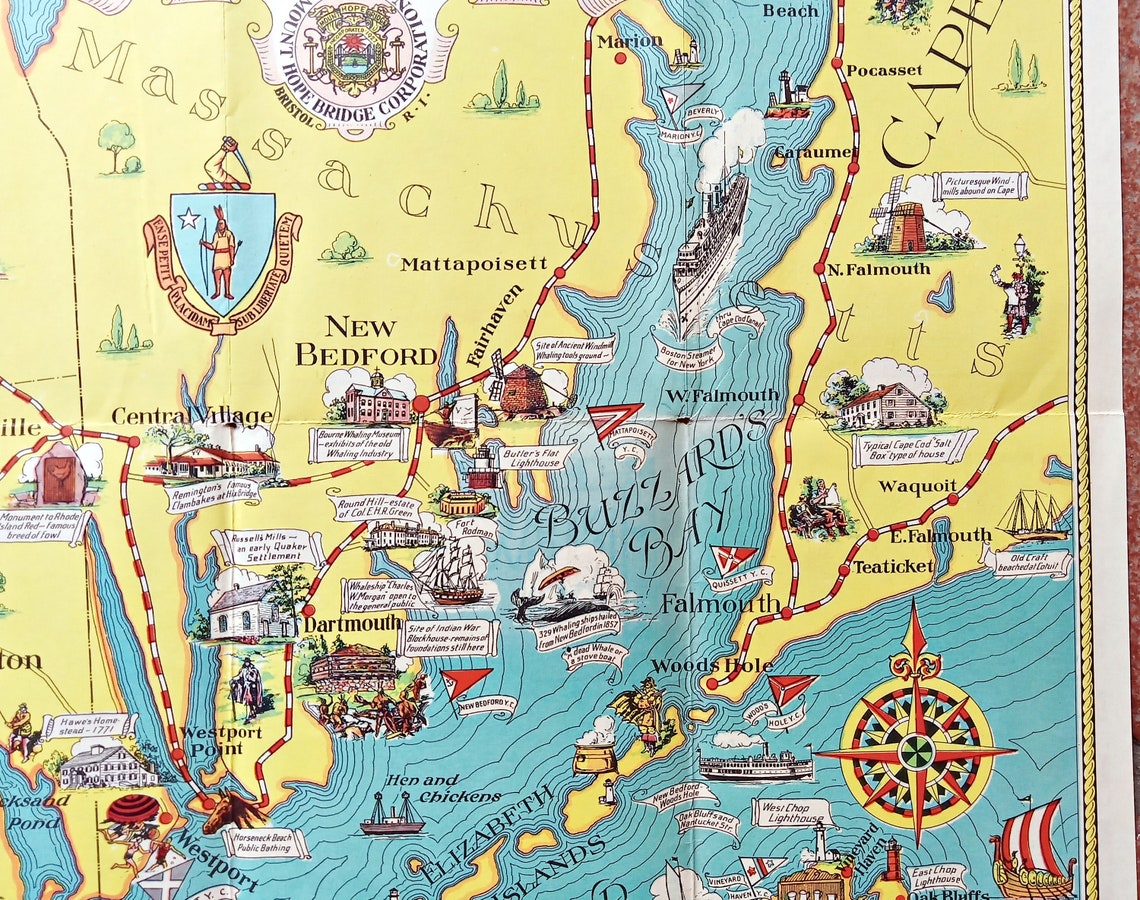 1937 Mount Hope Bridge Bristol Rhode Island Pictorial Map by H | Etsy