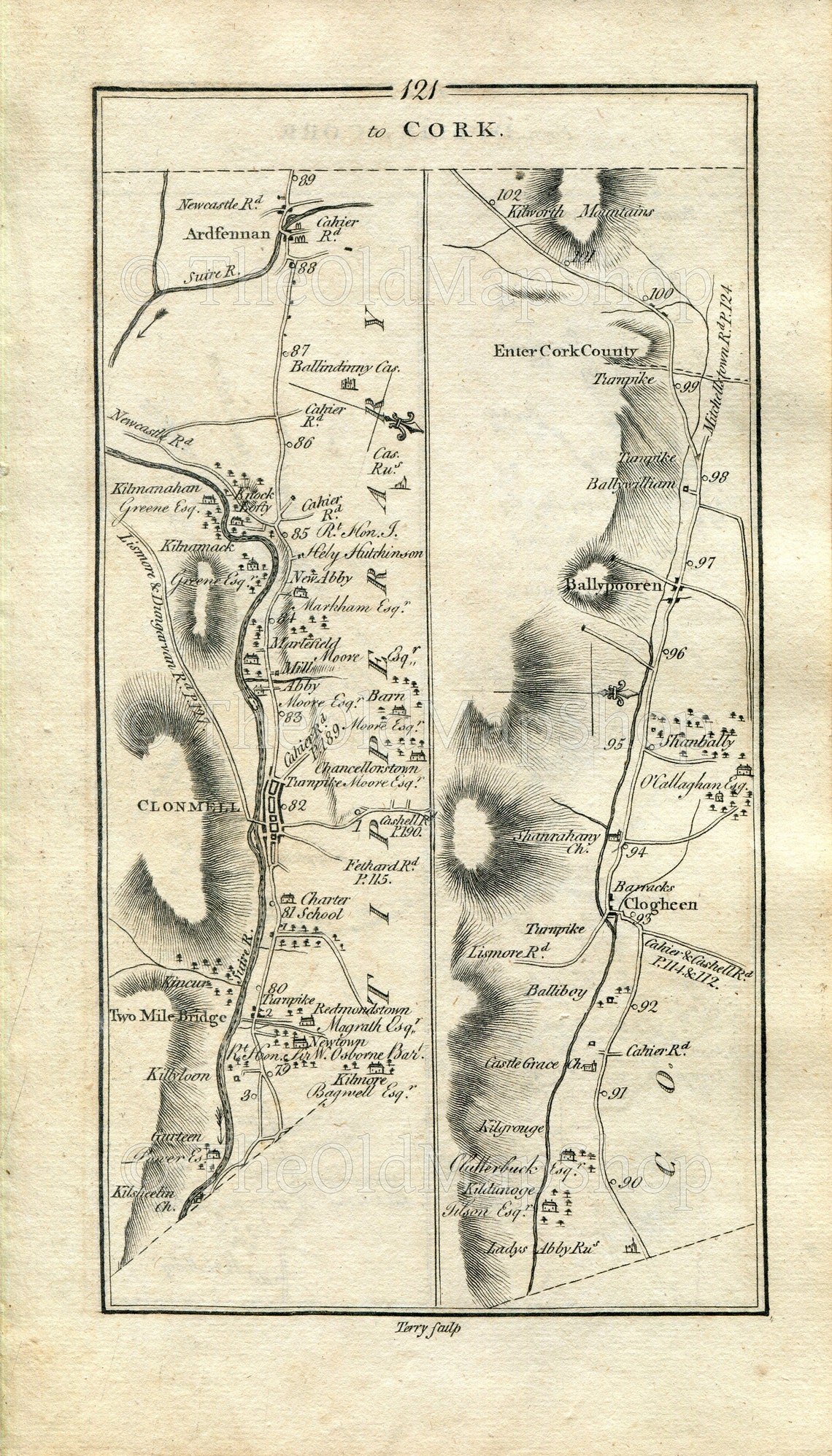 1778 Taylor & Skinner Antique Ireland Road Map 121/122 Clonmel ...