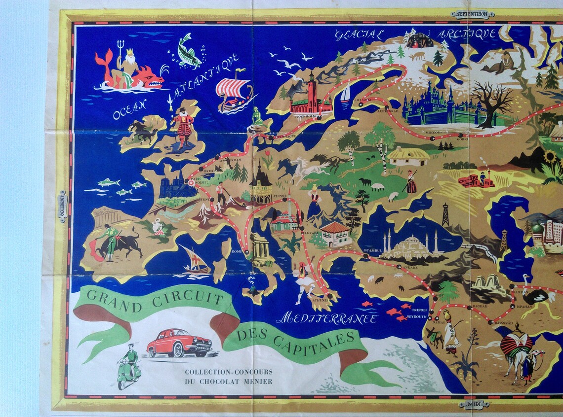 C.1956 Pictorial Map of Europe Asia by J B Jannot jan-loup | Etsy