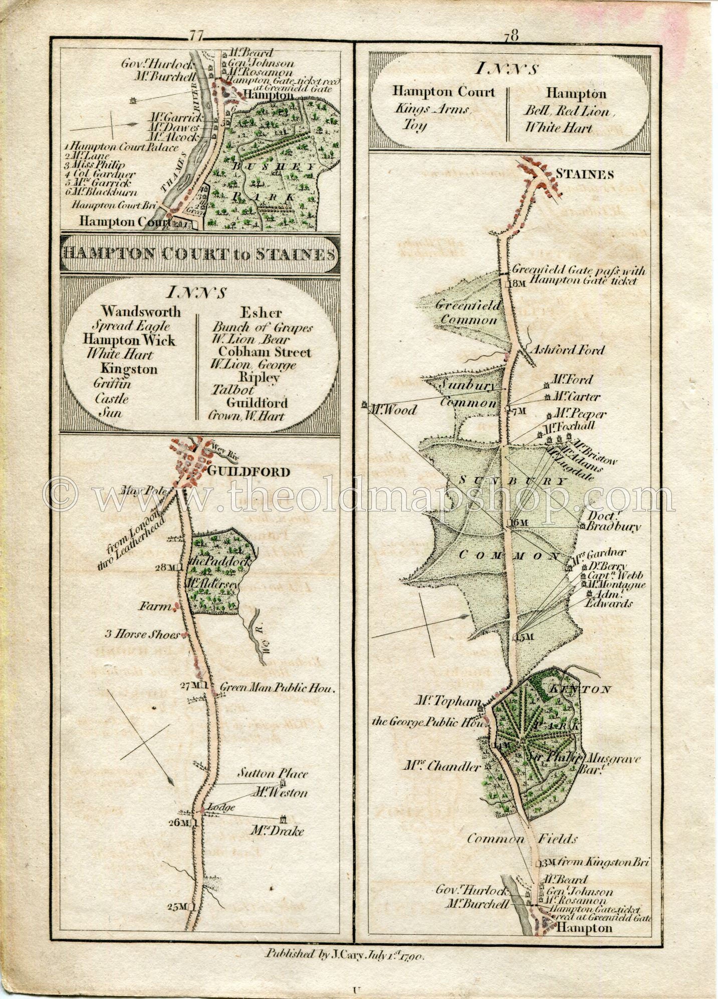 1790 John Cary Antique Road Map 77/78 Guildford, Hampton Court, Kenton ...