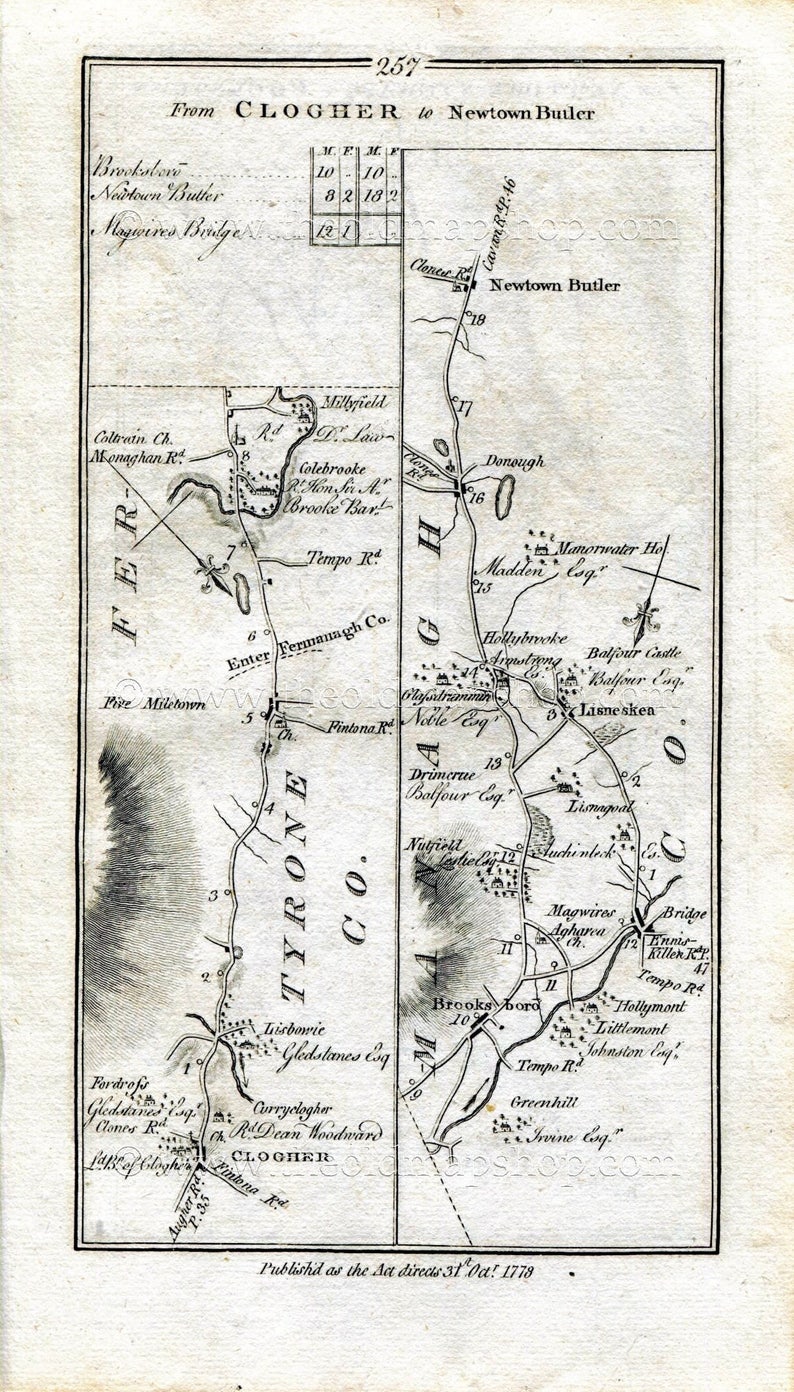 1778 Taylor & Skinner Antique Ireland Road Map 257/258 Clogher ...
