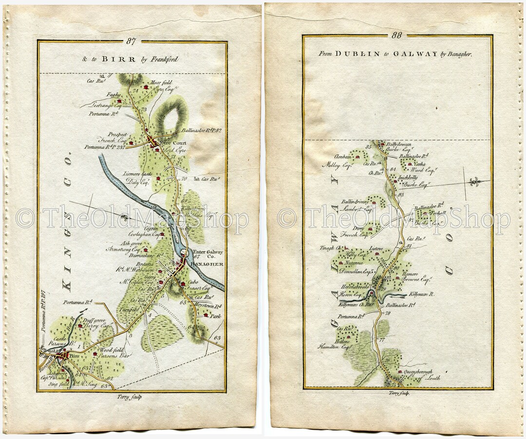 1778 Taylor & Skinner Antique Ireland Road Map 87/88 Banagher Birr ...