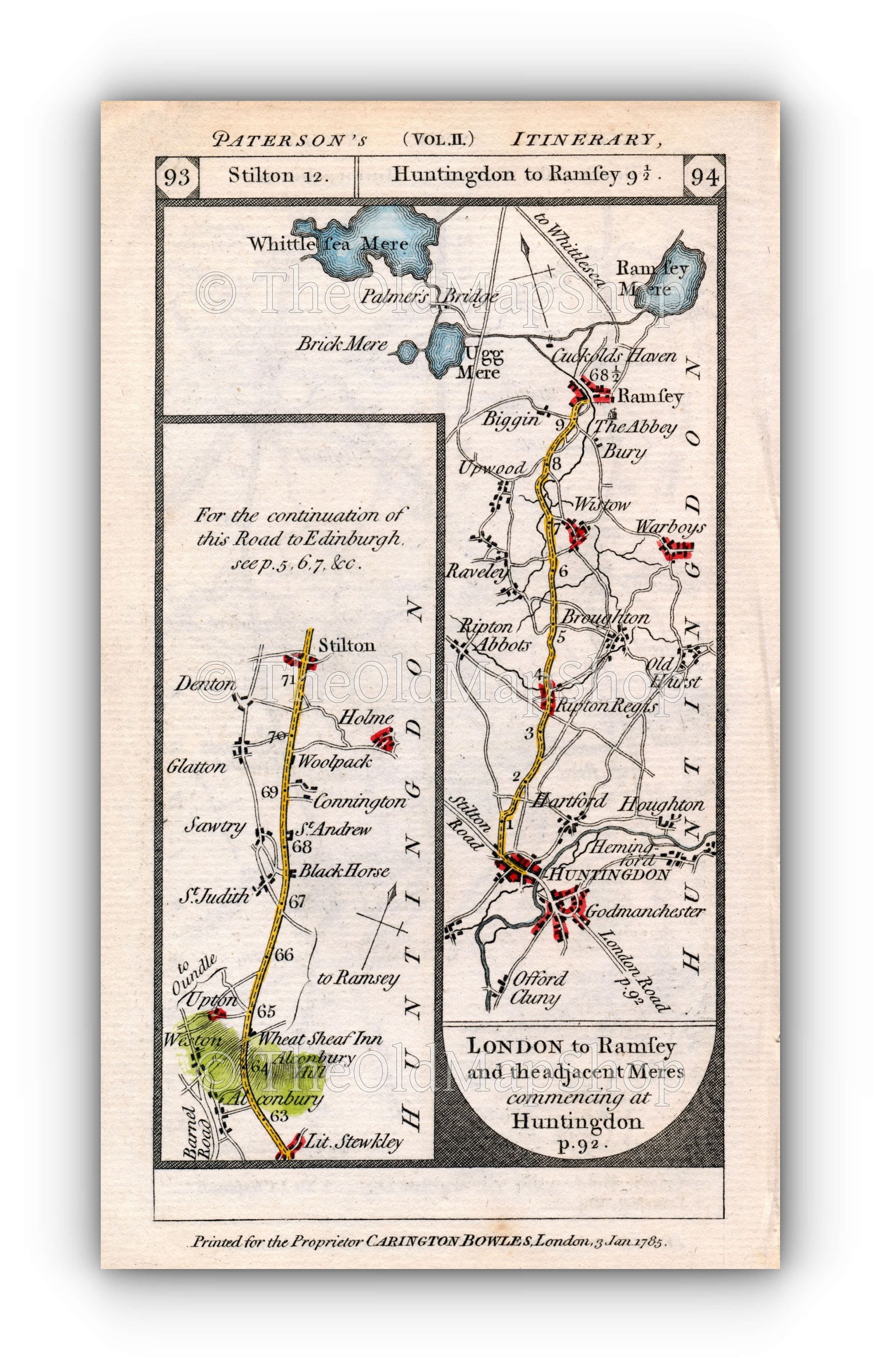 Antique Road Map Paterson 1785 Huntingdon Warboys Ramsey - Etsy