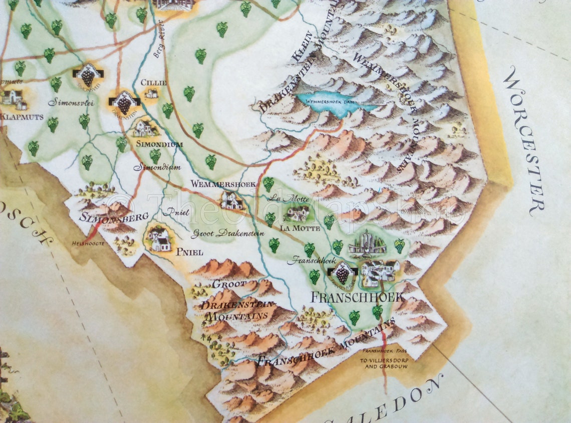 South Africa Paarl Wine Region Vinyard Winery Map 1973 | Etsy