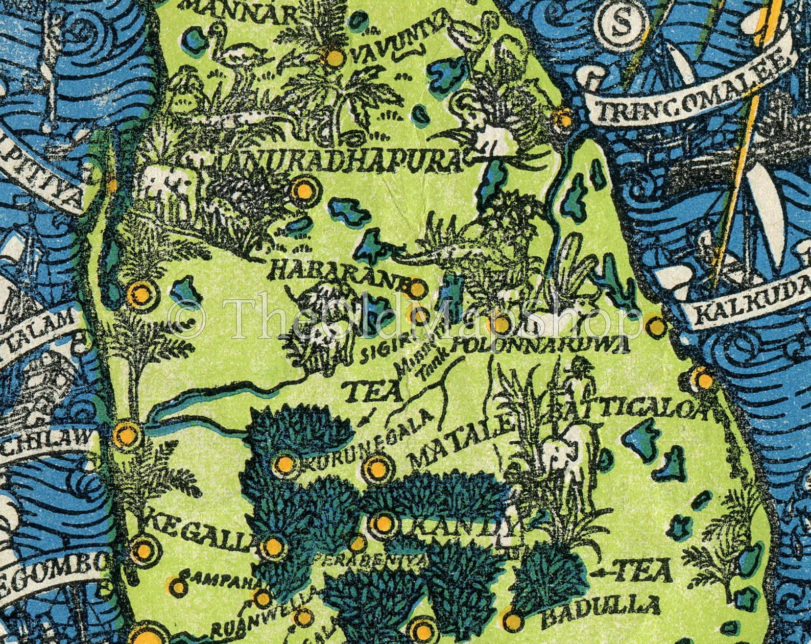 Ceylon Map, Sri Lanka Pictorial Tea Industry Print, 1934 by Leslie ...