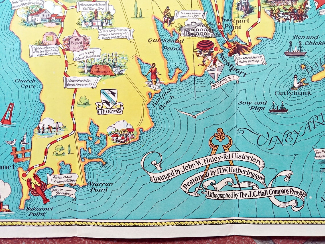 1937 Mount Hope Bridge Bristol Rhode Island Pictorial Map by H | Etsy