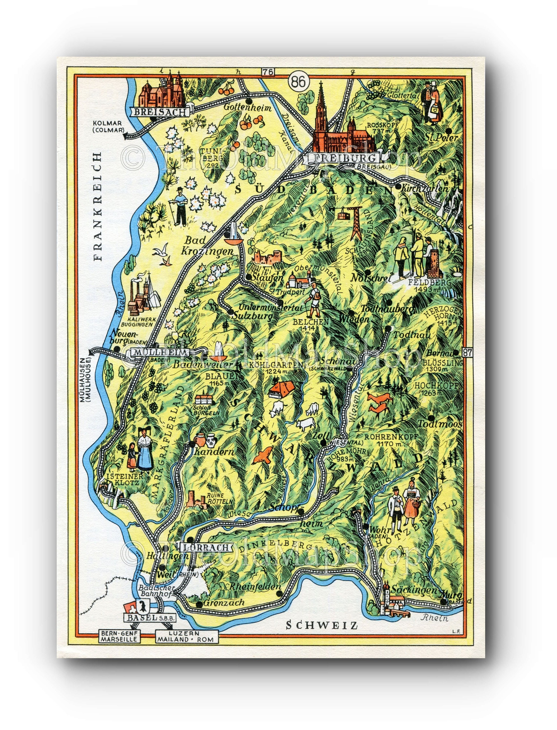 Leo Faller Germany Map 1956 Breisach Freiburg Im, Breisgau, Mullheim ...