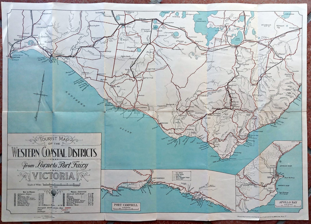 Rare 1933 Tourist Map of Lorne to Port Fairy, Apollo Bay, Victoria ...