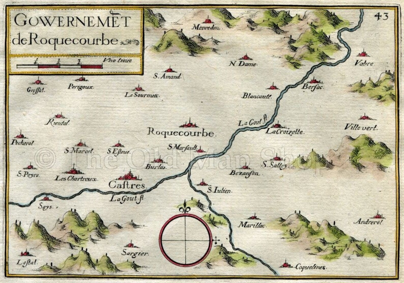 1634 Nicolas Tassin Map Roquecourbe, Castres, Saix, Lacrouzette, Vabre ...