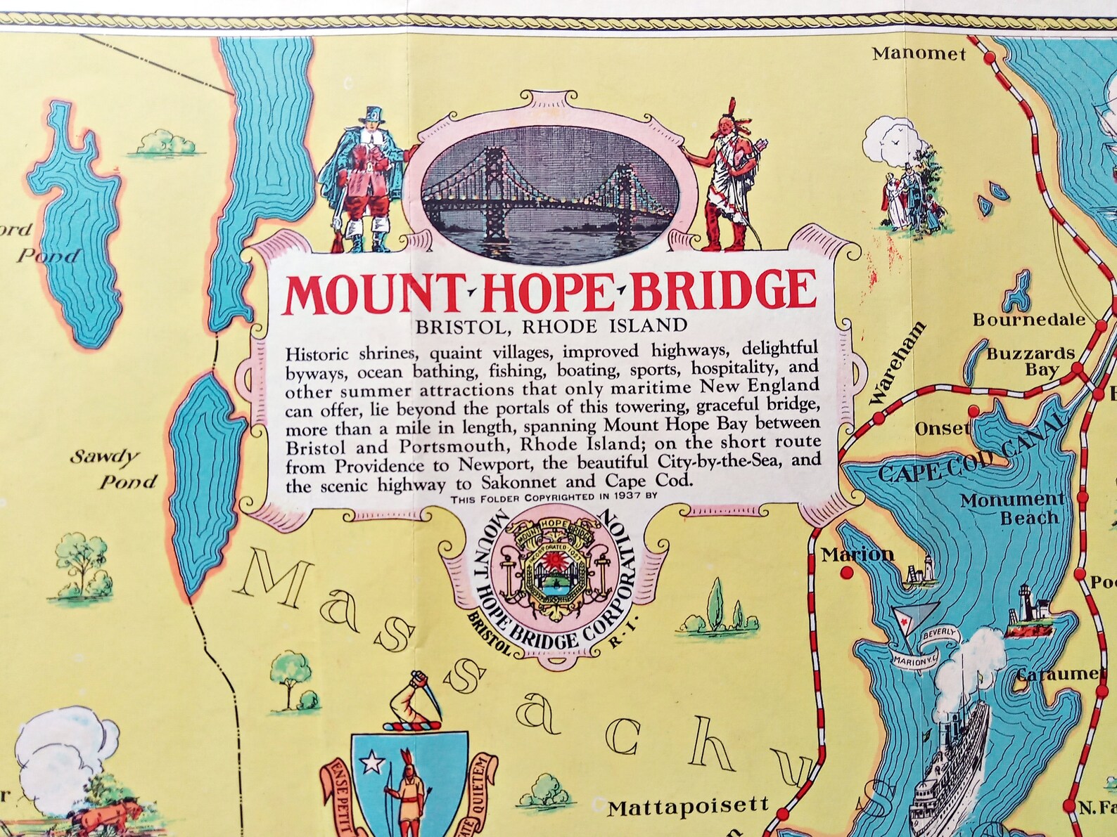 1937 Mount Hope Bridge Bristol Rhode Island Pictorial Map by H | Etsy