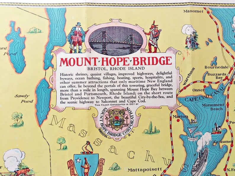 1937 Mount Hope Bridge Bristol Rhode Island Pictorial Map by H - Etsy