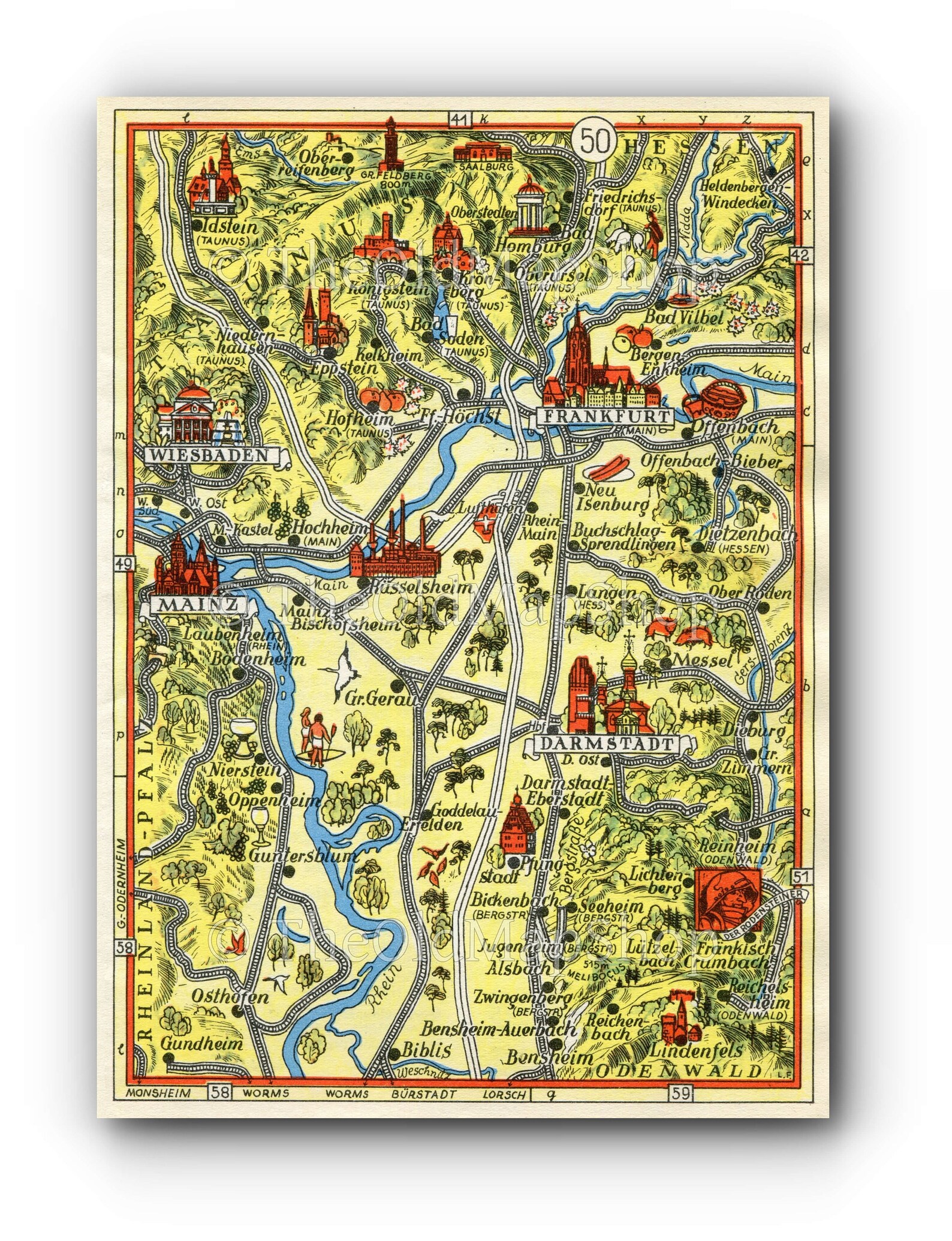 Leo Faller Germany Map 1956, Mainz, Wiesbaden, Frankfurt, Darmstadt ...