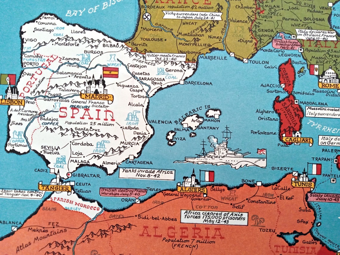 1944 Date Events World War Pictorial Map by Stanley Turner. - Etsy