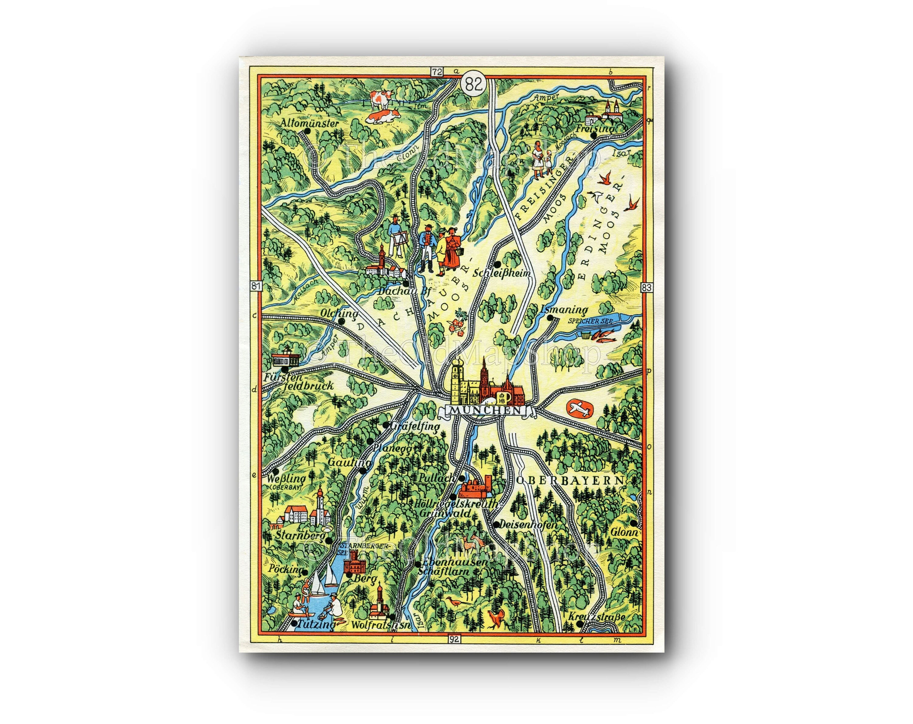 Leo Faller Germany Map 1956, Munchen Munich Dachau Starnberg Freising ...