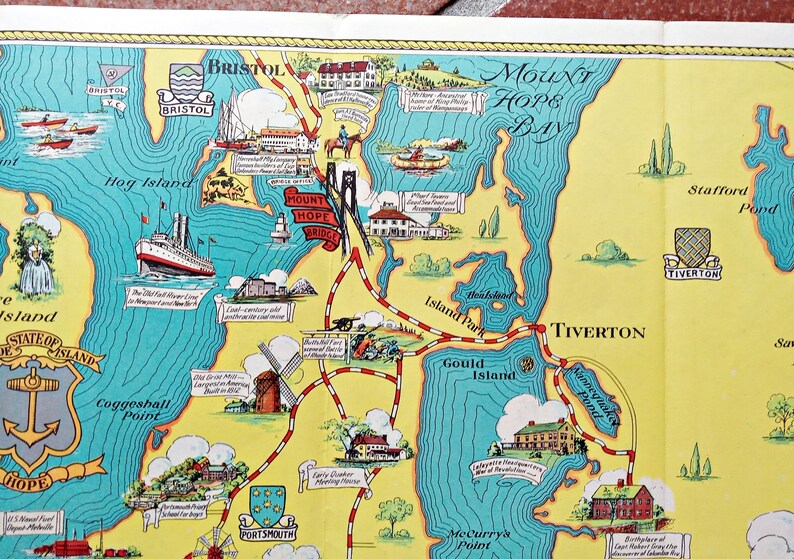 1937 Mount Hope Bridge Bristol Rhode Island Pictorial Map by H - Etsy