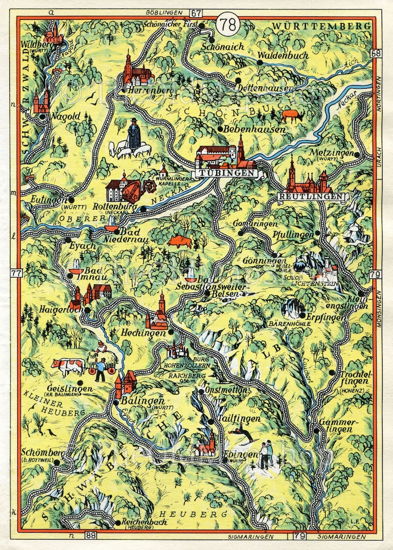 Leo Faller Germany Map 1956, Tubingen Reutlingen Rottenburg Pfullingen ...