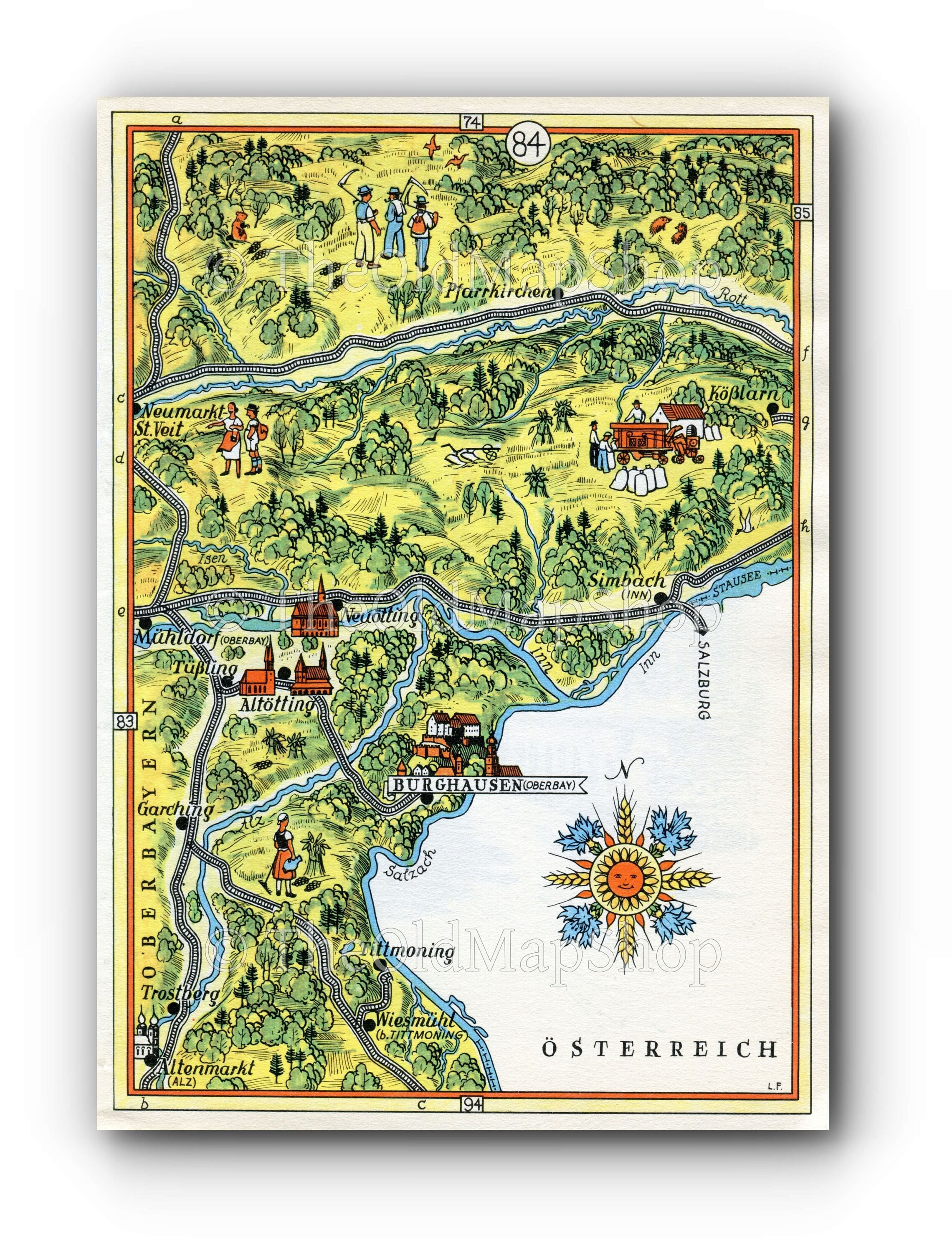 Leo Faller Germany Map 1956 Burghausen Muhldorf Tittmoning Trostberg ...