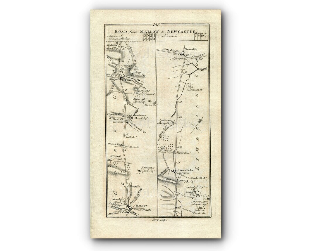 1778 Taylor & Skinner Antigo Mapa Roteiro da Irlanda 185/186 Mallow ...