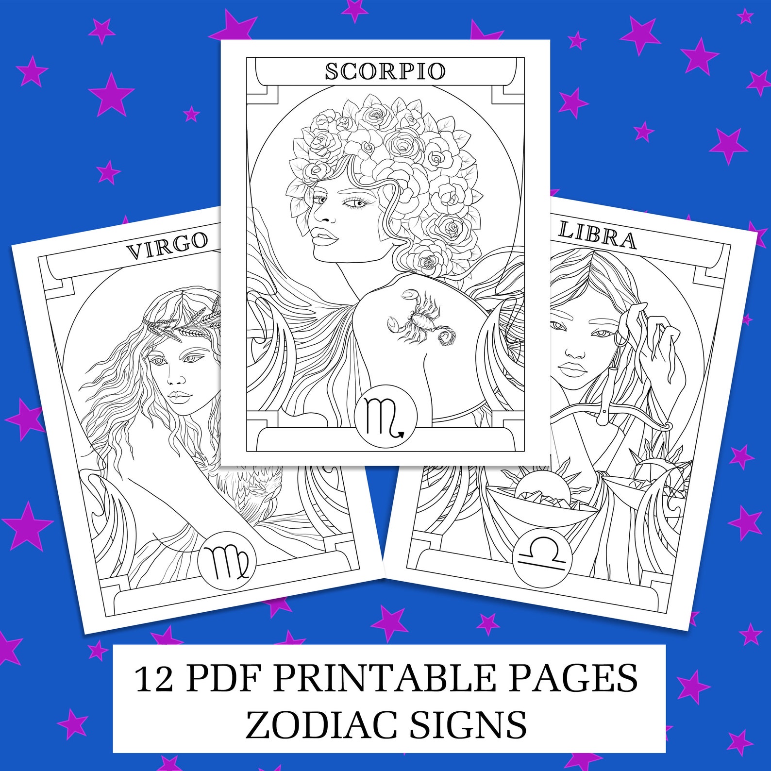 Color Your Own Zodiac Signs 12 Printable Handmade Drawings Coloring ...