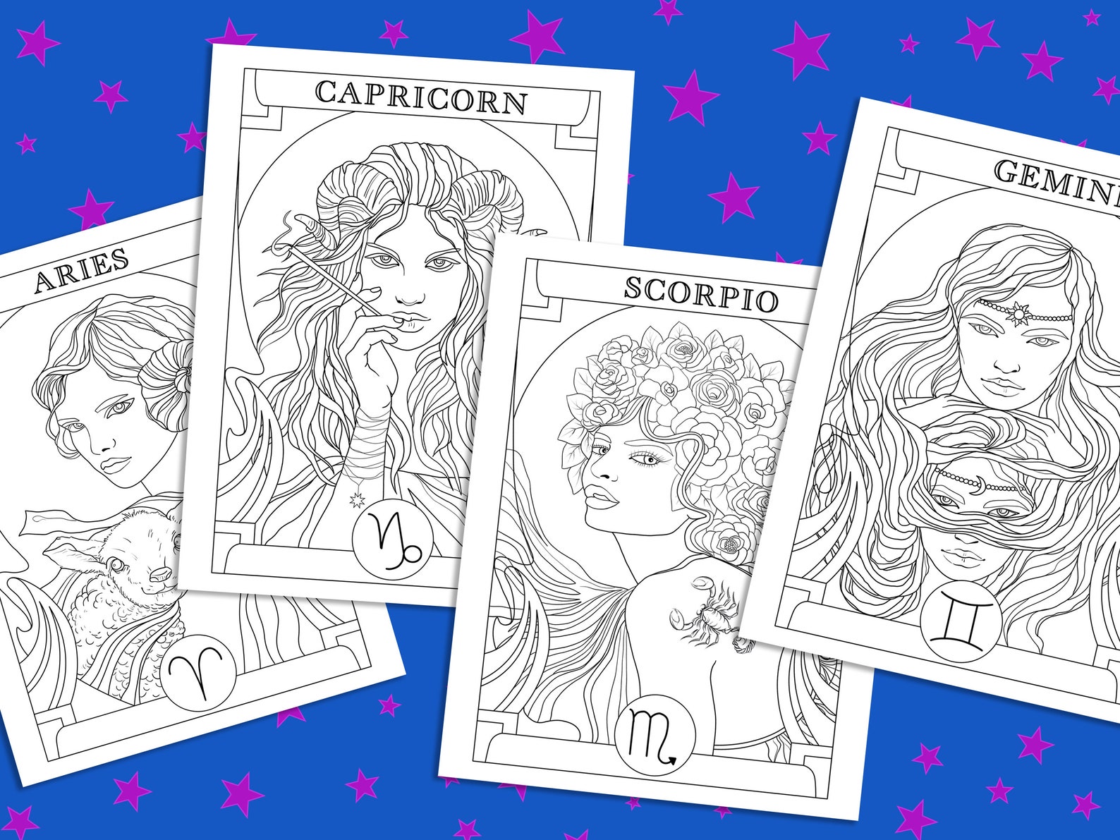 Color Your Own Zodiac Signs 12 Printable Handmade Drawings Coloring ...